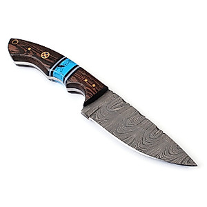AA KNIVES 8.75” Handmade Damascus Hunting Knife with Leather Sheath - Fixed Blade Knife with Turquoise & Wang Wood Handle – Ideal for Skinning, Camping and Outdoor