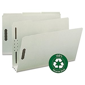 Smead 100% Recycled Pressboard Fastener File Folder, 2 Fasteners, 1/3-Cut Tab, 3" Expansion, Legal Size, Gray/Green, 25 per Box (20005)