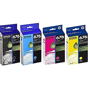 Genuine Epson 676XL DURABrite Ultra Color (Black,Cyan,Magenta,Yellow) Ink Cartridge 4-Pack (Includes 1 each of T676XL120,T676XL2