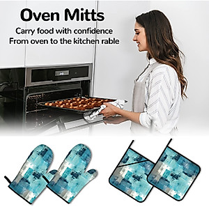 Turquoise Grey Oven Mitts and Pot Holders Sets of 4 Modern Teal Abstract Art Oven Gloves for Kitchen Baking Cooking Grilling (Turquoise)