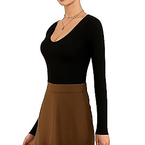 MANGOPOP Plunge V Neck Long Sleeve Body suits for Womens Sexy Bodysuit Going Out Tops (Black, Medium)