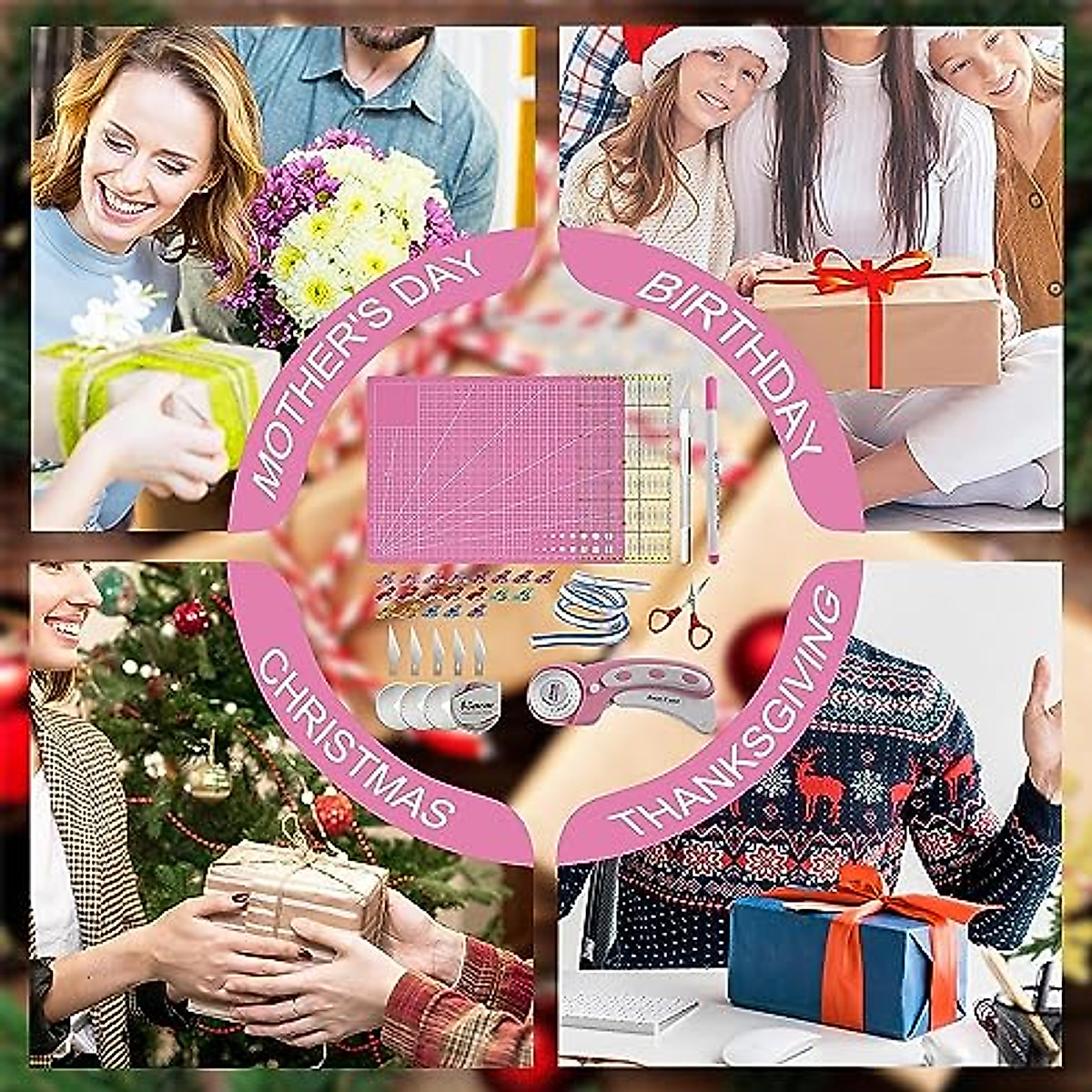 Rotary Cutter Set, 38PCS 45mm Rotary Fabric Cutter Wheel Set, Fabric Cutter Wheel, Quilting Rotary Cutters Rolling Fabric Cutter Wheel and A3 Mat, Rotary Rolling Cutter For Sewing, Quilting(Pink)