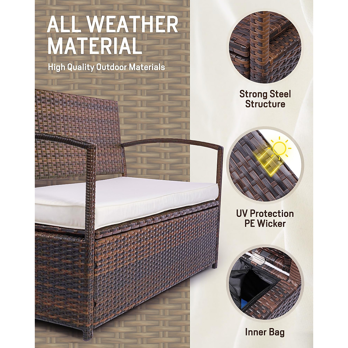 OYODHPDU 60 Gallon Outdoor Storage Bench- All Weather PE Rattan Deck Box- Deck Box w/Thick Seat Cushion- Patio Sofa Storage Bench with Cushion for Porch, Yard, Lawn, Garden (Brown)