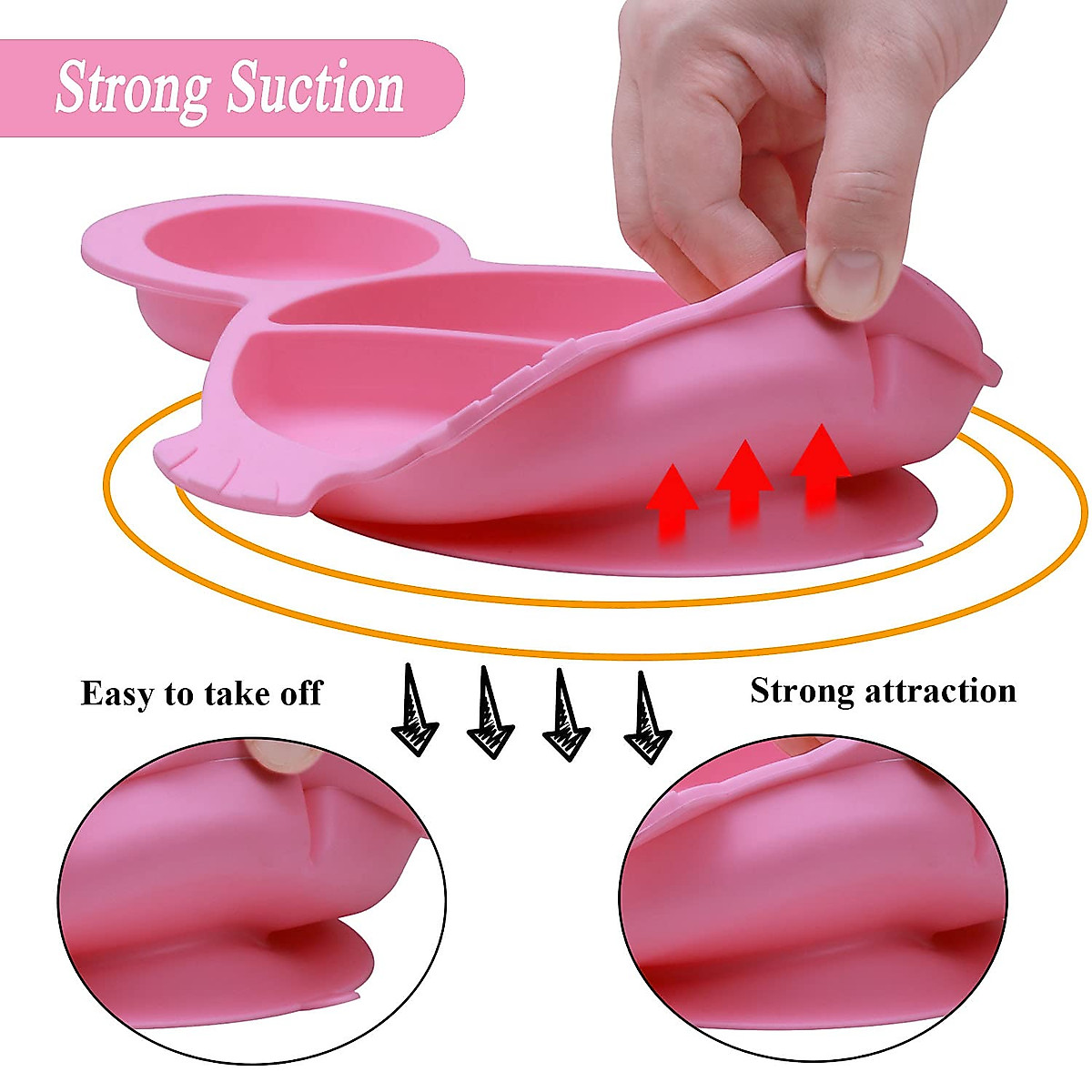 NICINGU Silicone Suction Plate spoon fork sets for Toddlers,Divided Plate Dish Placemat Bowl for Baby Kids Infant Self Feeding Training，Fits Most Highchairs, BPA Free Microwave Dishwasher Safe-Pink