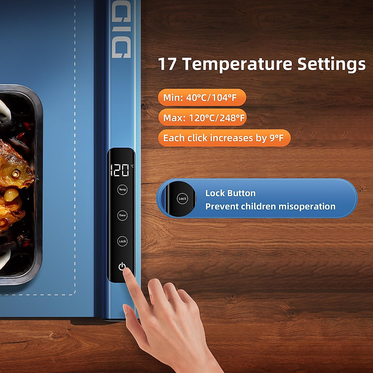 Electric Warming Tray, Warming Mat for Food with 17 Temperature Settings and Timing, Rollable & Portable Premium Silicone Electric Heating Tray with Auto Shut-Off and Lock for Parties Buffet (Blue)