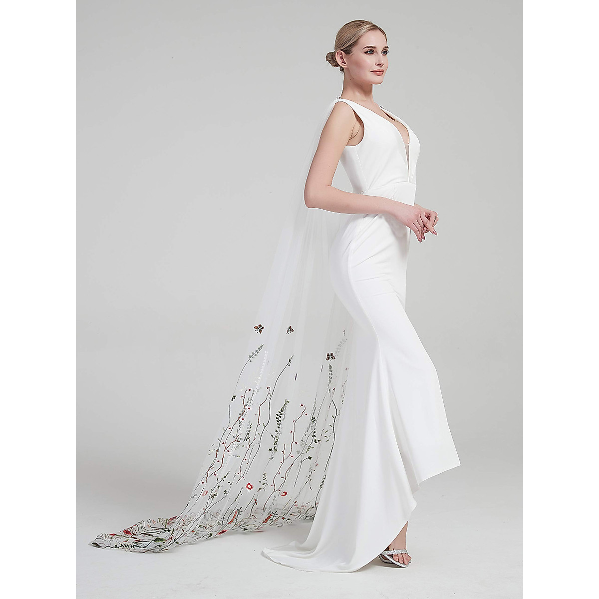 YHDDYG Wildflower Floral Embroidery Shoulder Cape Veil Secret Garden Veil with Comb Cathedral Bridal Wedding Veil S117 (Ivory Tulle)