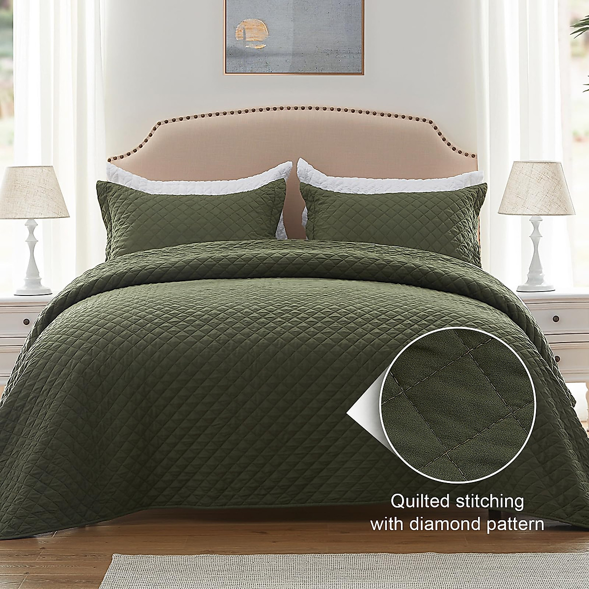 SunStyle Home Quilt Set King Olive Green Lightweight Bedspread Soft Reversible Coverlet for All Season 3pcs Army Green Diamond Quilted Bedding Sets (1 Quilt 2 Pillow Shams)(106"x96")