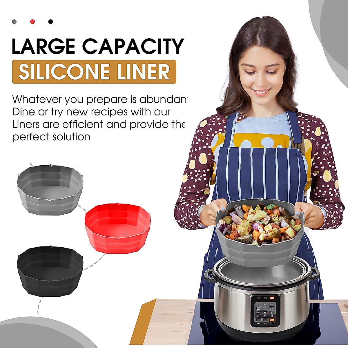 Slow Cooker Liners Compatible for Crock Pot 4-5 QT, Reusable Silicone Divider Insert, Leakproof & Dishwasher Safe, BPA Free, 3 PCS Bundle, Black