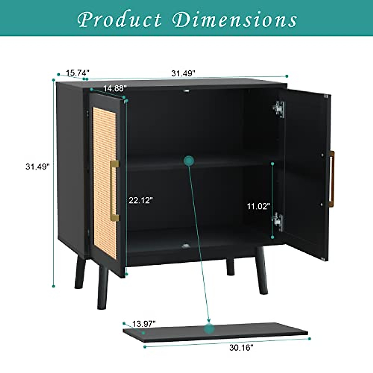 CARPETNAL Sideboard Buffet Cabinet, Modern Rattan Storage Cabinet with Double Doors and Adjustable Shelves, Accent Cabinet for Living Room, Bedroom, Hallway (Black)