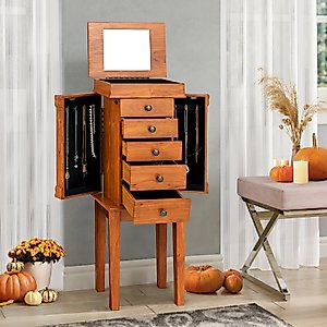 AVAWING Jewelry Cabinet Armoire with Top Flip Makeup Mirror, 5 Drawers&8 Necklace Hooks, Jewelry Storage Organizer with 2 Side Doors, Jewelry Armoire Box Chest with Top Organizer Compartment (Cherry)