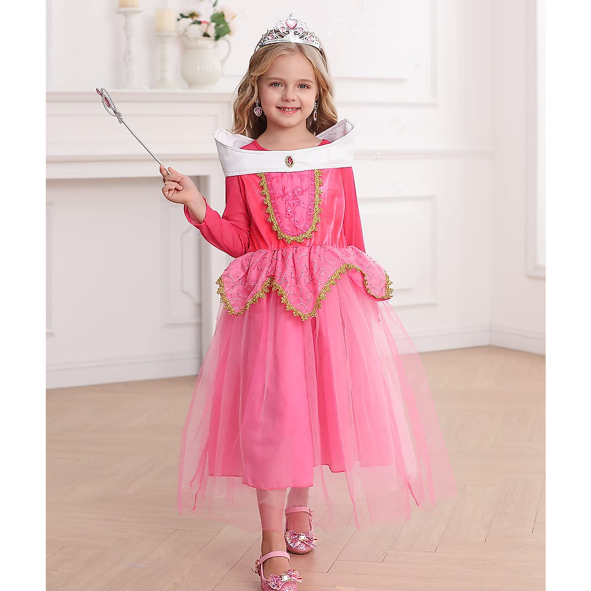 iTVTi Girls Princess Dress Up Halloween Party Costume with Crown Wand Earrings Ring, Pink, 5-6 Years (Label 130)
