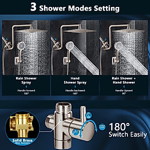 Shower Head Brushed Nickel, Upgraded 12" Rain Shower Head with 12" Flexible Curved Shower Extension Arm and High Pressure 4 Setting Handheld Shower Head Combo, Built-in Power Wash, 60’’ Shower Hose