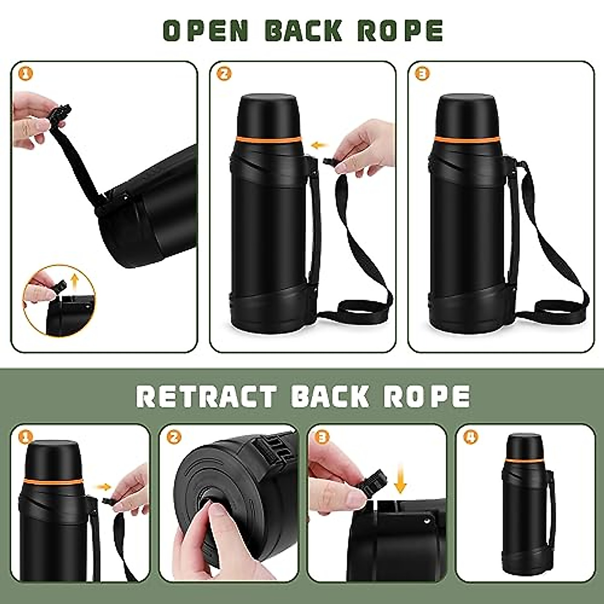 Beyoung 2000ML Large Coffee Thermoses for Cold & Hot, Portable 304 Stainless Steel Classic Vacuum Bottle with Plastic Cup and Hidden Strap for Sports Hiking Fishing (Black)