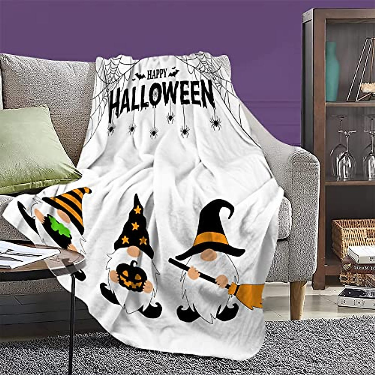 Jbralid Happy Halloween Flannel Bed Blanket Halloween Fall Pumpkin Gnome Spider Web Bat Throw Blanket Lightweight Cozy Blanket for Couch Sofa Bed Home Decorations 40x50 Inch