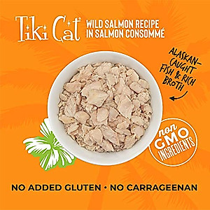 Tiki Cat Luau Shredded Meat, Wild Salmon Recipe in Salmon Consumme, Grain-Free Balanced Nutrition Wet Canned Cat Food, For All Life Stages, 6 oz. Cans (Pack of 8)