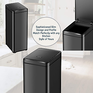 CozyBlock Automatic Trash Can for Kitchen, Black Steel Touchless Motion Sensor Bin, Wide Opening Soft Close Lid, LED Countdown Timer (13 Gallon- Slim Design)