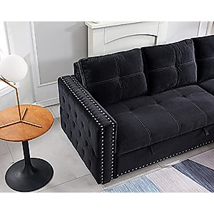 Tmosi Couch with Pull Out Bed, Sleeper Sectional L Shaped Velvet Sofa, 2 Seats Sofa with Reversible Storage Chaise, for Living Room Furniture Set (Black)