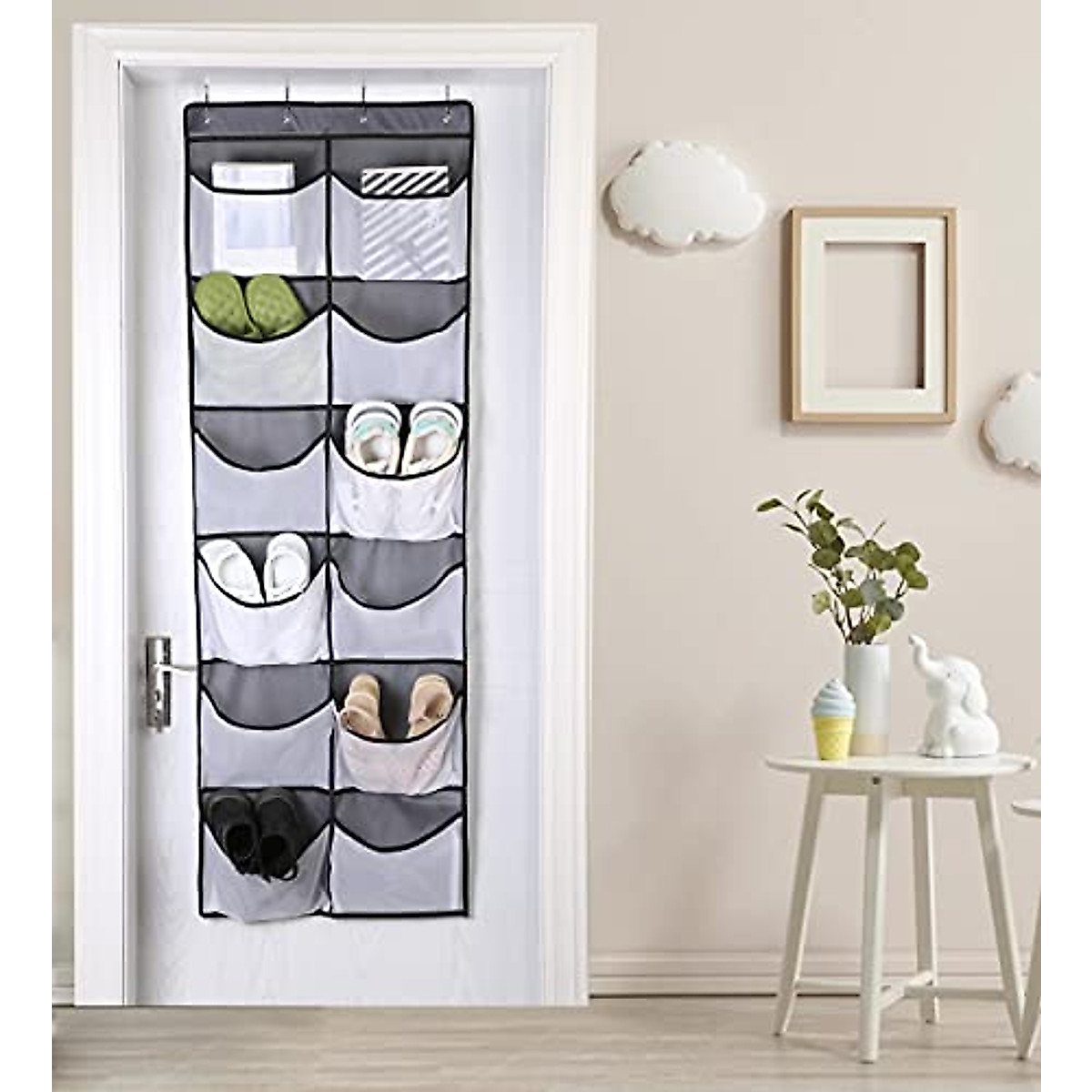 JULEVTOYR Over The Door Shoe Organizer, 12 Extra Large Mesh Breathable Pockets Hanging Shoe holder,Closet Organizers and Storage Hanging,Over The Door Shoe Boots Rack with 4 Hooks