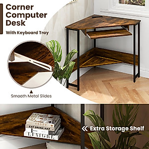 Giantex Corner Desk with Power Outlets, Small Corner Computer Desk with Keyboard Tray & Storage Shelf, Corner Office Desk for Small Space, Triangle Workstation for Home Office, Living Room, Bedroom
