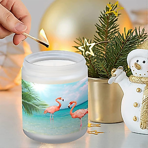susiyo Frosted Glass Candle Cup Soy Wax Candles, Vanilla Scented Candle - Summer Flamingos Stand in Blue Sea