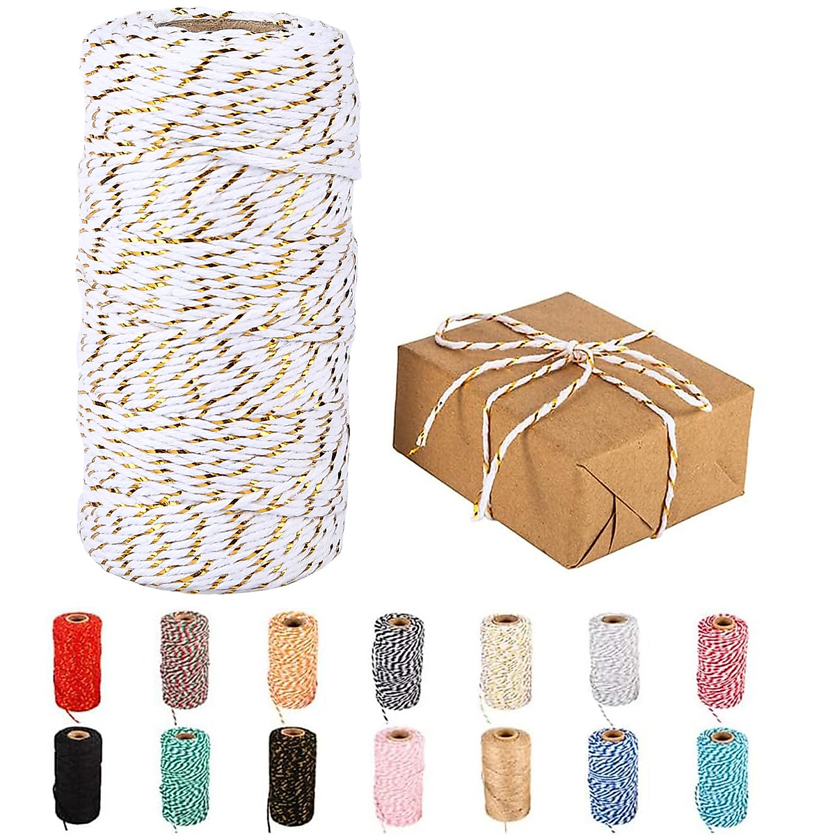 Twine String,328 Feet Christmas Twines White Rope with Gold Wire Bakers String Rope Craft Making Knitting Butchers Twine DIY Wedding Decor Supply String Rope