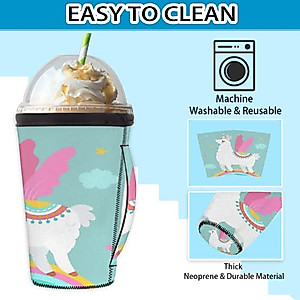 Reusable Iced Coffee Cup Sleeve Funny Llama Alpaca Rainbow Neoprene Insulated Sleeves Cup Holder with Handle Tumbler Sleeve Insulator Sleeves for Cold Hot Drinks Beverages 18-20oz