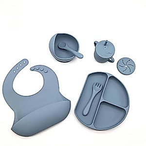 K-Universal Baby Feeding Bibs | 8pc Silicone Bibs for Babies | Bib Bowl Plate Cup Fork Spoon | Adjustable Divided Plate | Easily Wipe Clean | Less Cleaning Time After Toddler & Babies (Bubbly blue)
