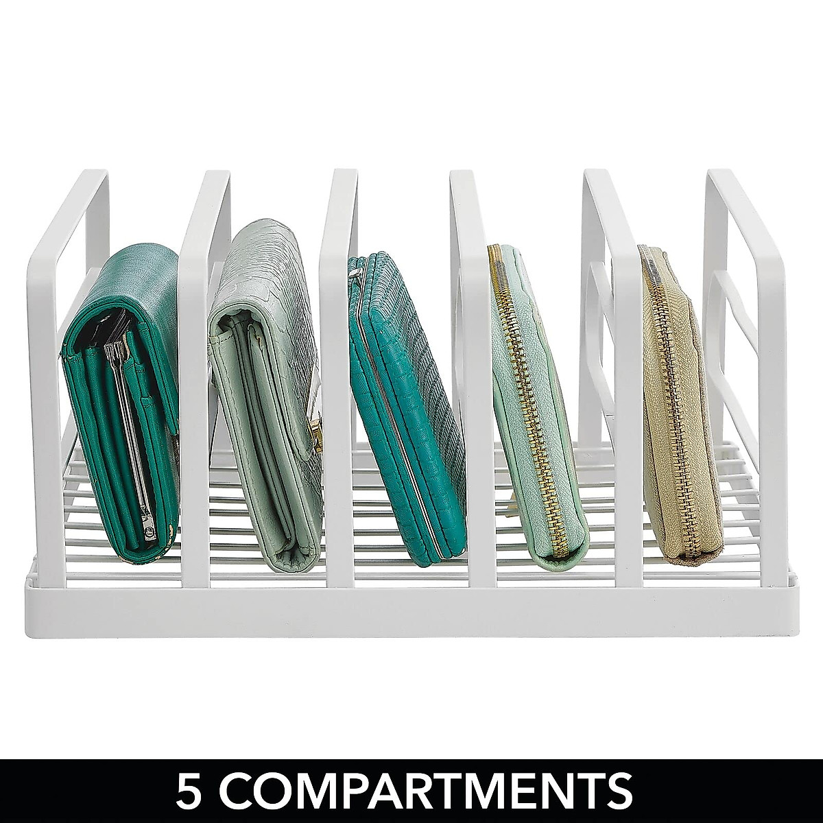 mDesign Metal Divided Stackable Purse Organizer for Closets, Bedrooms, Dressers, Shelves - Closet Shelf Storage Solution for Purses, Clutches, Wallets, Accessories - 5 Sections, 2 Pack - Matte White