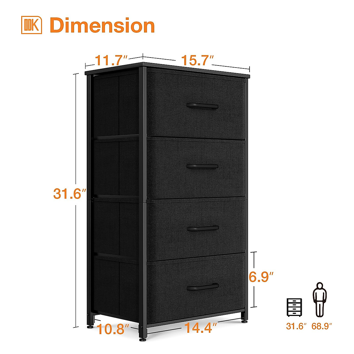 ODK Dresser for Bedroom with 4 Storage Drawers, Small Dresser Chest of Drawers Fabric Dresser with Sturdy Steel Frame, Dresser for Closet with Wood Top, Black