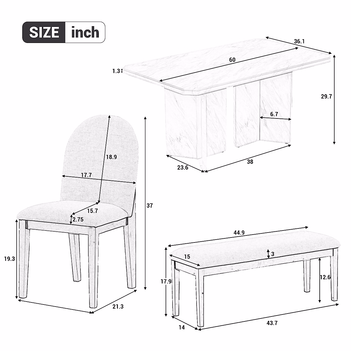 6-Piece Modern Style Dining Table Set with 4 Upholstered Dining Chairs and 1 Bench, Wood Dining Table with Faux Marble Table for Kitchen Living Room, Dining Table Set for 6 (Gray + Solid Wood-A033)