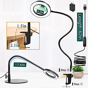 Tobegiga 10X Magnifying Glass with Light and Stand, 2-in-1 Flexible Gooseneck Magnifying Desk Lamp with Clamp, 3 Color Modes Stepless Dimmable LED Lighted Magnifier Hands Free for Craft Painting Hobby