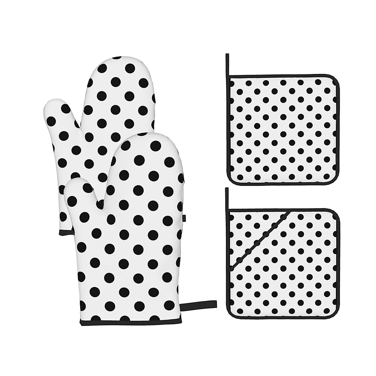 nhbfcds Black White Polka Dot Oven Mitts and Pot Holders Sets, 4 Piece Set, Heat Resistant Polyester Gloves and Pads for Kitchen Cooking Baking Grilling BBQ, One Size