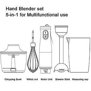 PHISINIC Immersion Hand Blender, 300W 5-in-1 Stick Blender, 2-Speed Electric Handheld Blender with 500ml food Chopping Bowl,600ml Measuring cup, Whisk rod use for Baby Food