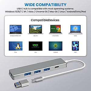 3.0 USB C Hub, Slim Aluminium Alloy High-Speed External USB Port with USB-C to USB Adapter, USB Extender Splitter Compatible with Computer, Mac, PCs, Smartphone, and Tablet