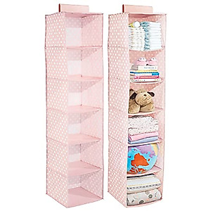 mDesign Fabric Hanging Organizer - Over Closet Rod Storage with 6 Shelves for Baby Nursery Bedroom Organization - Hold Clothes, Linens, Toys, Accessories - 2 Pack, Pink/White Polka Dot