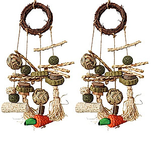 HERCOCCI 2 Pack Bunny Chew Toys for Rabbits, Natural Handmade - Rabbit Cage Hanging Toys for Rabbits Guinea Pigs Hamsters Gerbils Rats