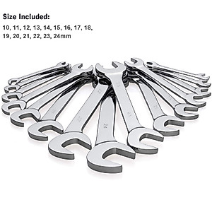 15-Piece Premium Angle Head Open End Wrench Set, Chrome Vanadium Steel, Mirror Chrome Finish | Include Metric Sizes 10, 11, 12, 13, 14, 15, 16, 17, 18, 19, 20, 21, 22, 23, 24mm with Storage Rack
