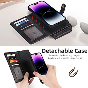 Compatible with iPhone 14 Pro 6.1 inch Wallet Case Crossbody Shoulder Strap Stand Card Holder Multi-Function 2in 1 Detachable Magnetic Phone Cover for iPhone14Pro 5G i i-Phone i14 iPhone14 14Pro Black