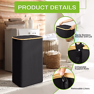 Jhua Laundry Basket with Lid and 2 Removable Liners (Black 110L)