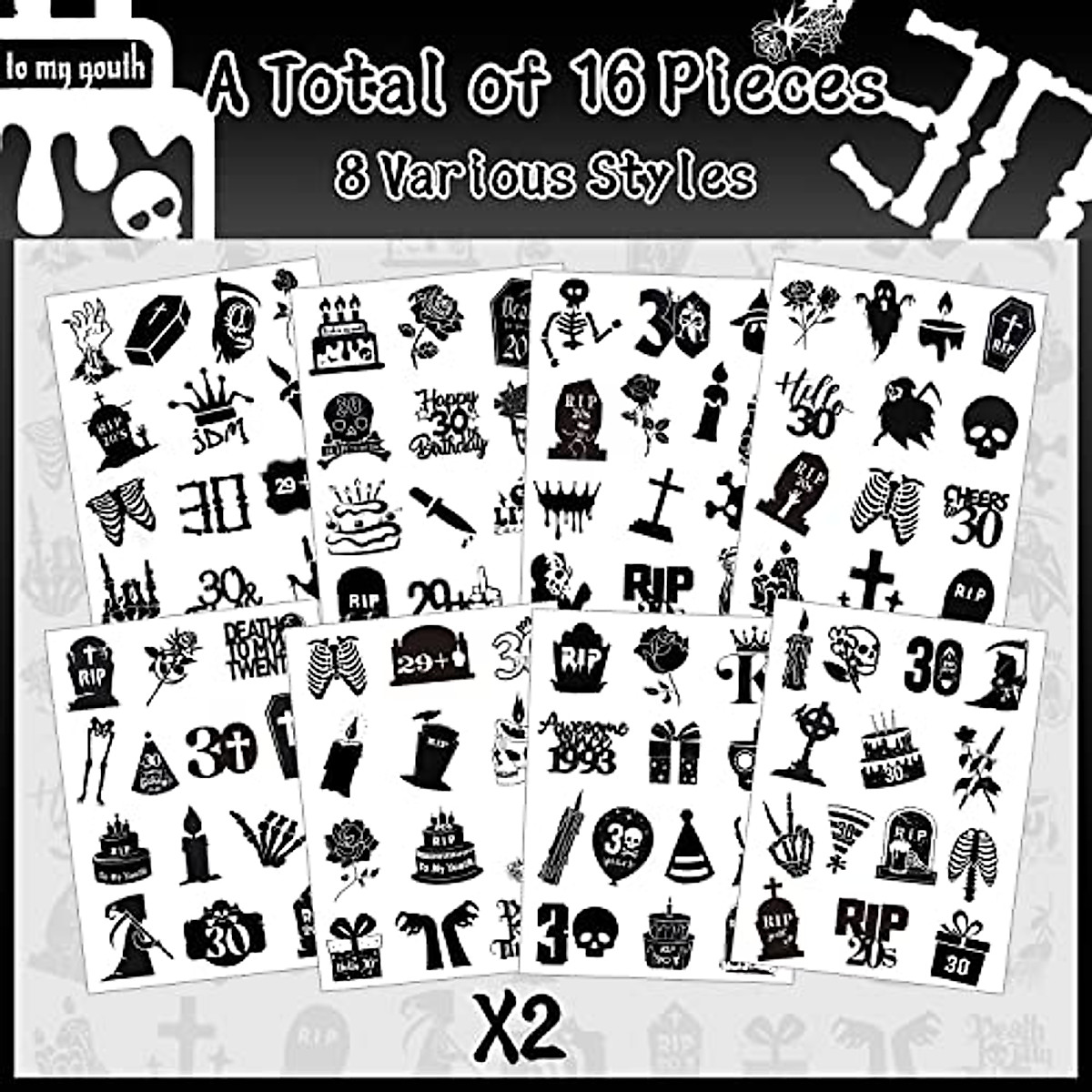 Death to My 20s Party Favors 190PCS+ Temporary Tattoos Rip to My 20s Birthday Party Decorations Supplies, 30th Birthday Black Funeral Party for Women's and Man's Funny Thirtieth Birthday Party