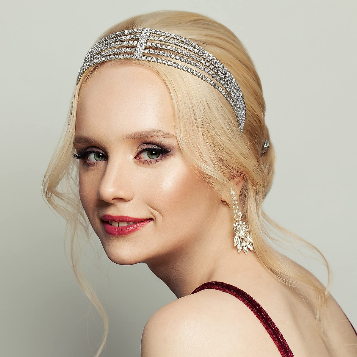 ANCIRS 2 Pack Multi Layered Elastic Headband for Women, Adjustable Rhinestone Bridal Headpieces, Stretchy Jewelry Hair Bands Accessories for Girls- Gold & Silver