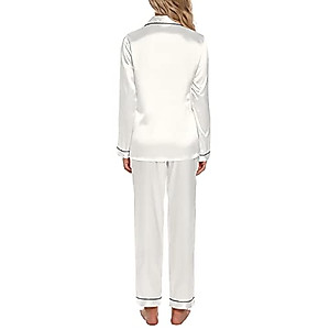 Senert Women's Long Sleeve Sleepwear Button Down Satin 2 Piece Pajama Set White,Medium
