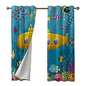 Blue Yellow Pink Bedroom Blackout Curtains 63 Inch Long Yellow Submarine Kids Bedroom Blackout Grommet Top Curtain Panels W72 x H63