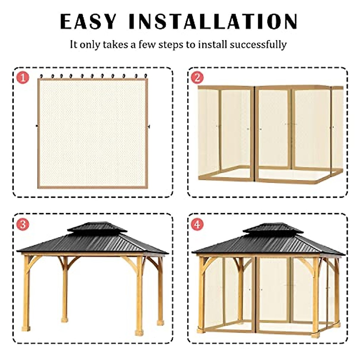Aoodor Universal 12' x 12' Gazebo Netting Screen Replacement 4-Panel Sidewalls for Patio (Only Netting)