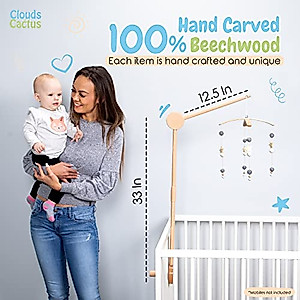 Clouds and Cactus Crib Mobile Arm 33 Inches for Baby Nursery - 100% Natural Beech Wood with Extra Matching Wooden Holder Attachment and Anti Slip Clamping System (Straight)