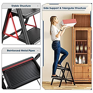 Step Ladder 2 Step Folding Step Stool Metal Adults Step Stools Non-Slip Pedal Decorative Small Portable Ladder Kitchen Lightweight Home Office Ladders, Black