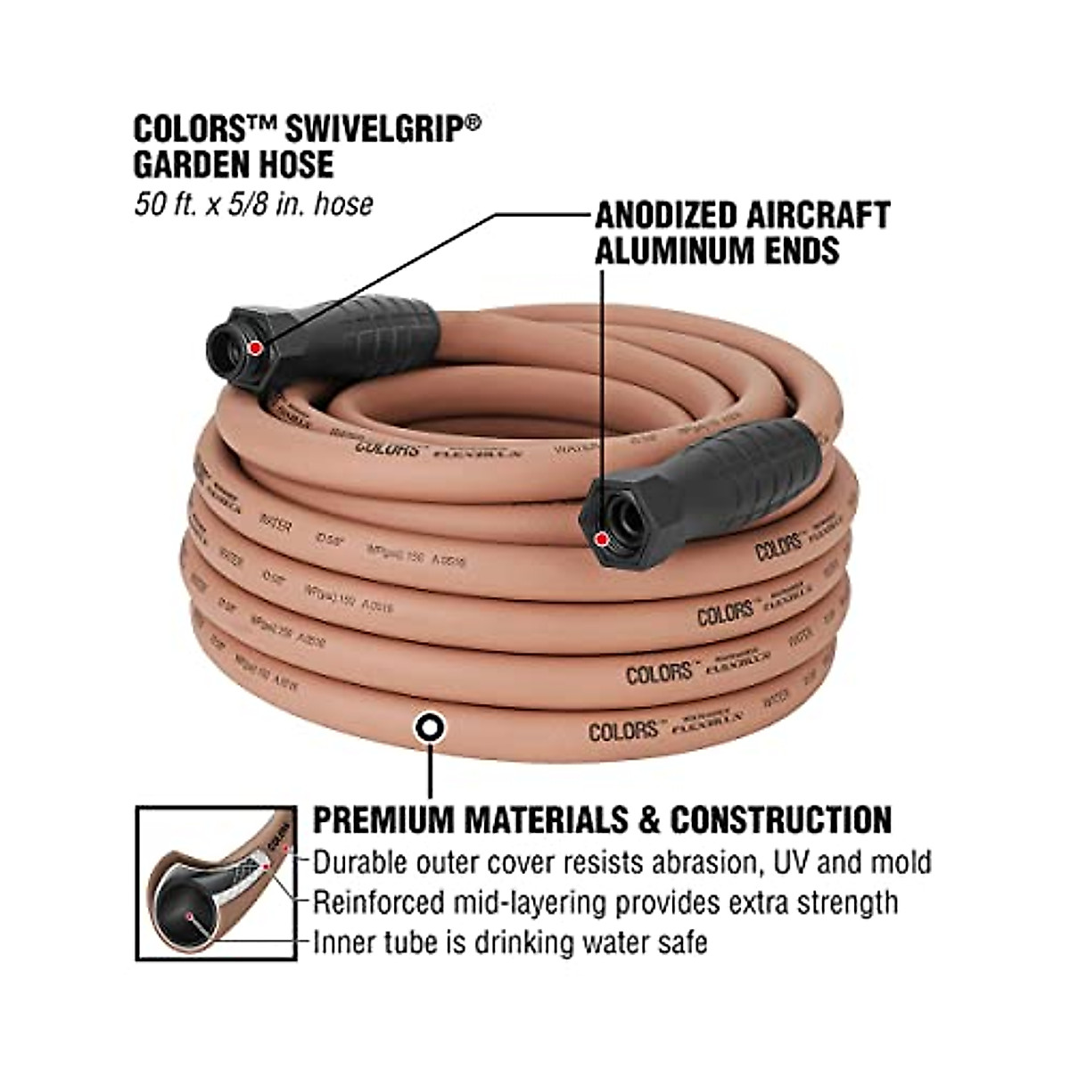 Flexzilla Colors Garden Hose with SwivelGrip, 5/8 in. x 50 ft., Drinking Water Safe, Red Clay - HFZC550TCS