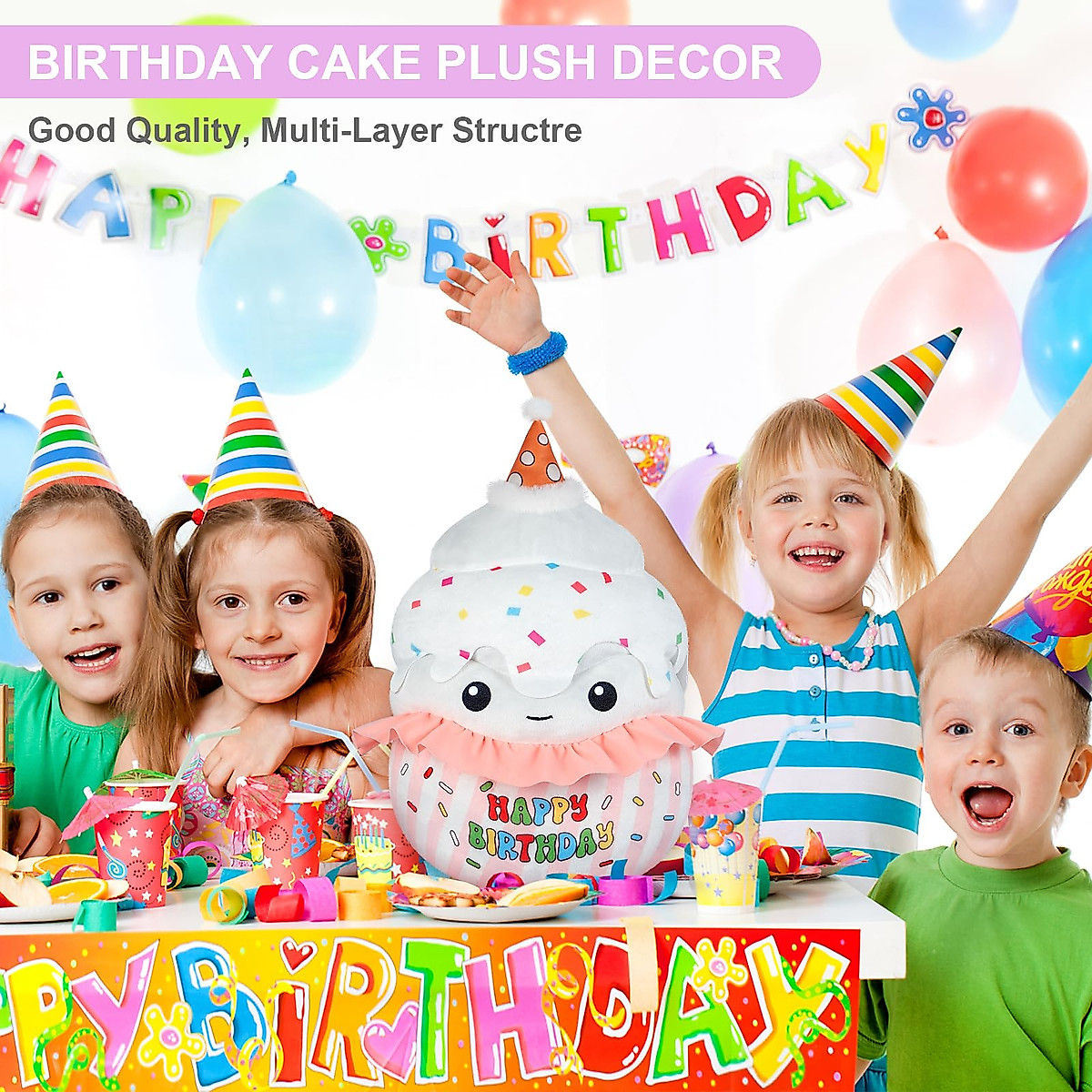 SuzziPals 17 inch Happy Birthday Cake Plush Pillows, Squishable Happy Birthday Stuffed Animal, Cute Plushies Cupcake Birthday Plush Room Decor, Cute Plushies Toys Birthday Gifts for Girls Boys Adults