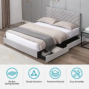 Mjkoen Bed Frame with Storage, Tufted Bed Frame with 4 Storage Drawers,King Size Upholstered Bed Frame with Adjustable Headboard for Bedroom Light Grey