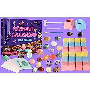 JELMOK Advent Calendar 2024, Gemstone Dig Kit, Valentines Day Cards for Kids,Dig up 24 Real Gems,24 Days Natural Crystal Countdown Calendar Educational Science Kits for Kids Boys Girls